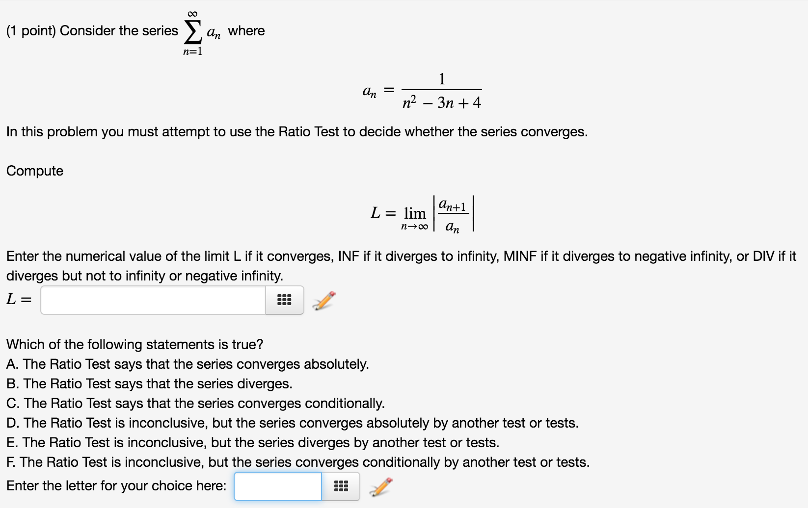 Solved Consider the series a_n where a_n = 1/n^2 - 3n + 4 | Chegg.com
