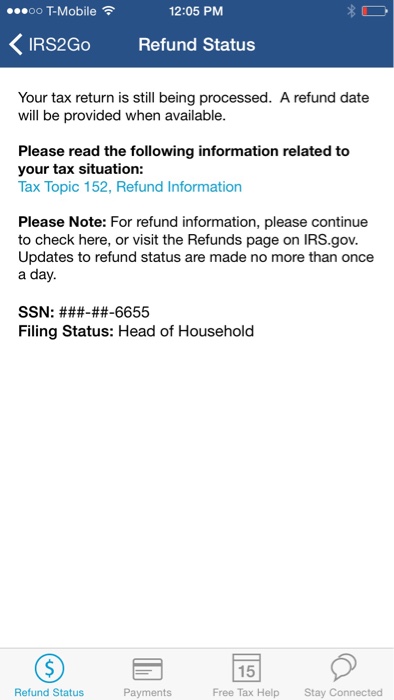Solved oo T-Mobile 12:05 PM IRS2Go Refund Status Your tax | Chegg.com