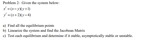 Solved Problem 2: Given the system below: y' =(x +2)(y-4) a) | Chegg.com