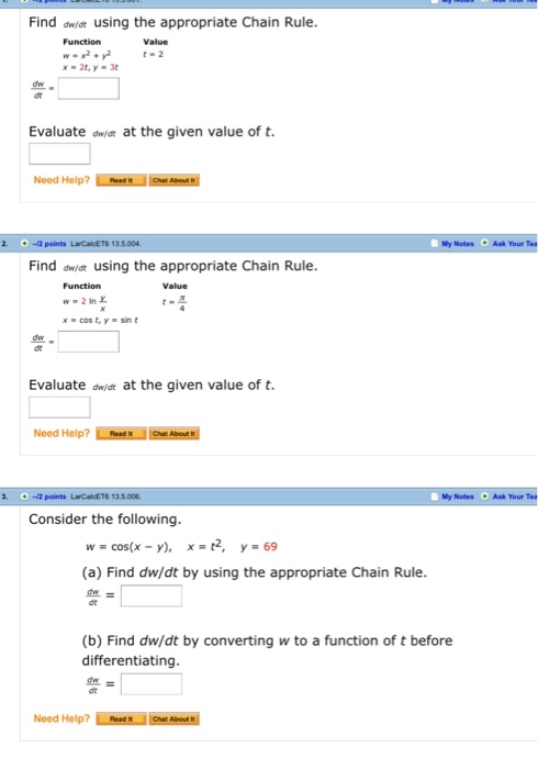 Find dw/dt using the appropriate Chain Rule. w = x2 + | Chegg.com