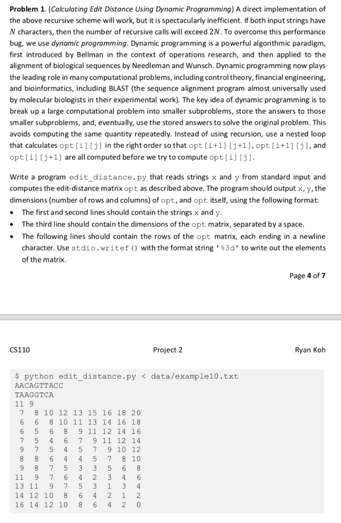 Problem 1 Calculating Edit Distance Using Dynamic