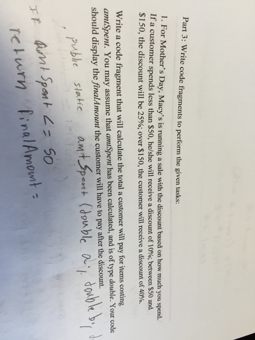 Solved Part 3: Write code fragments to perform the given | Chegg.com