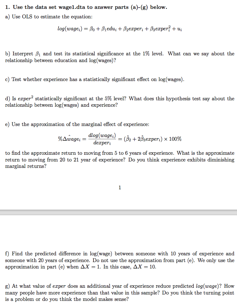 Use the data sets wage1. dta to answer parts (a) - | Chegg.com