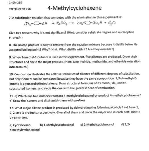 Solved CHEM 255 4-Methylcyclohexene EXPERIMENT 258 | Chegg.com