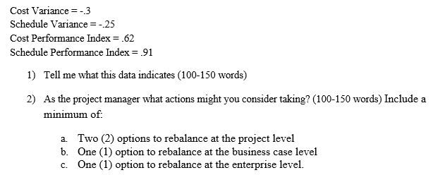 Solved Cost Variance = -.3 Schedule Variance=-.25 Cost | Chegg.com