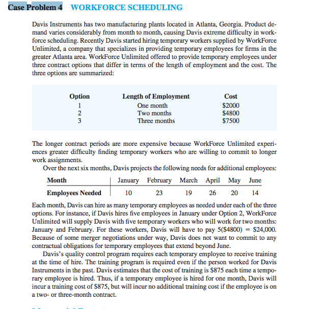 Solved Case Problem 4 WORKFORCE SCHEDULING Davis Instruments | Chegg.com
