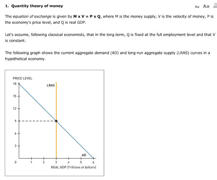 Solved 1. Quantity theory of money Aa Aa The equation of | Chegg.com