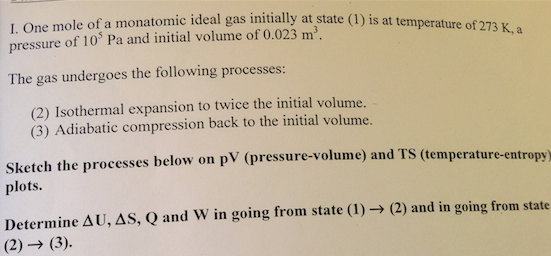 Solved One mole of a monatomic ideal gas initially at state | Chegg.com