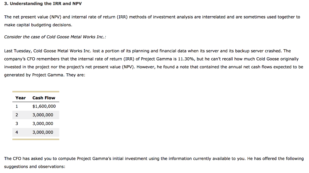 Solved 3. Understanding the IRR and NPV The net present | Chegg.com