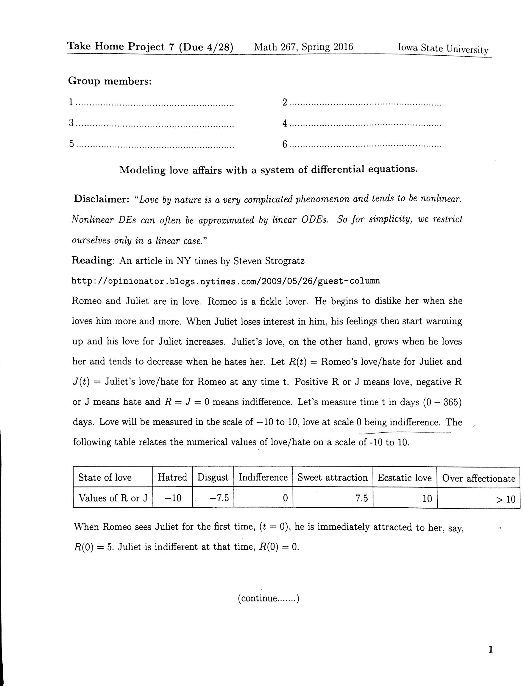 Modeling love affairs with a system of differential | Chegg.com
