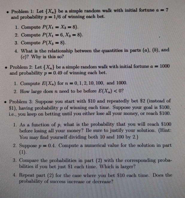 Solved . Problem 1: Let [X) be a simple random walk with | Chegg.com