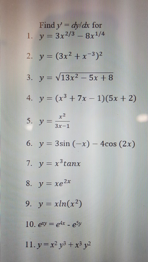 Solved Find y' = dy/dx for y = 3x2/3-8x1/4 I, 4. y = (x3 + | Chegg.com