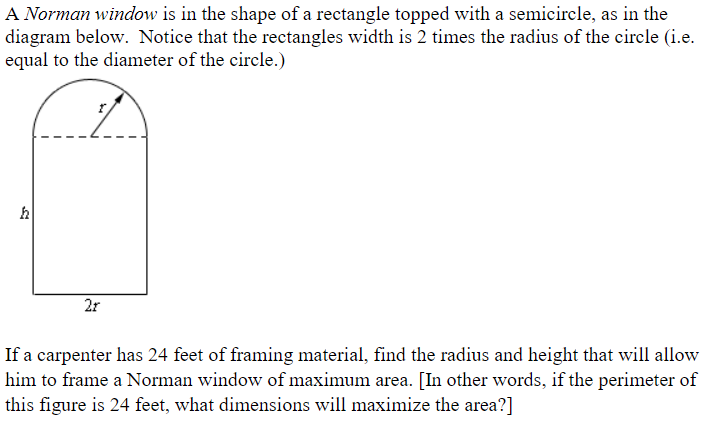 Solved A Norman window is in the shape of a rectangle topped | Chegg.com