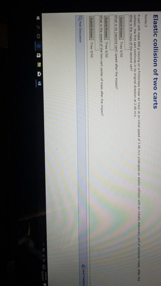 Solved Elastic collision of two carts Points: 3 A cart with | Chegg.com