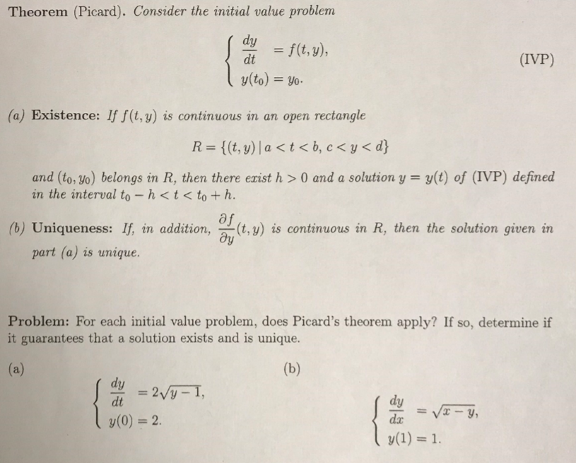 Solved For each initial value problem, does Picards's | Chegg.com