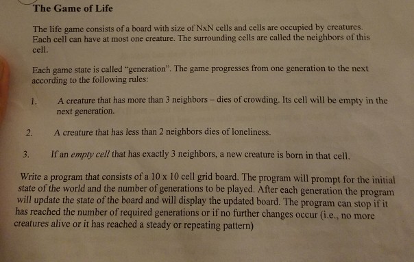 Solved The Game of Life The life game consists of a board | Chegg.com