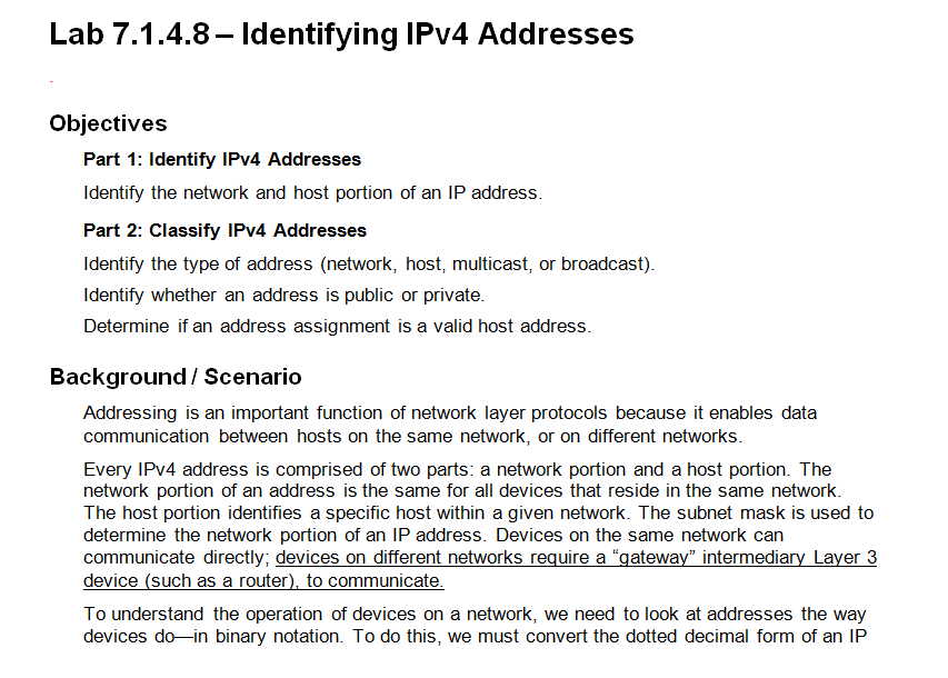 Solved Lab 7 1 4 8 Ldentifying Ipv4 Addresses Objectives Chegg