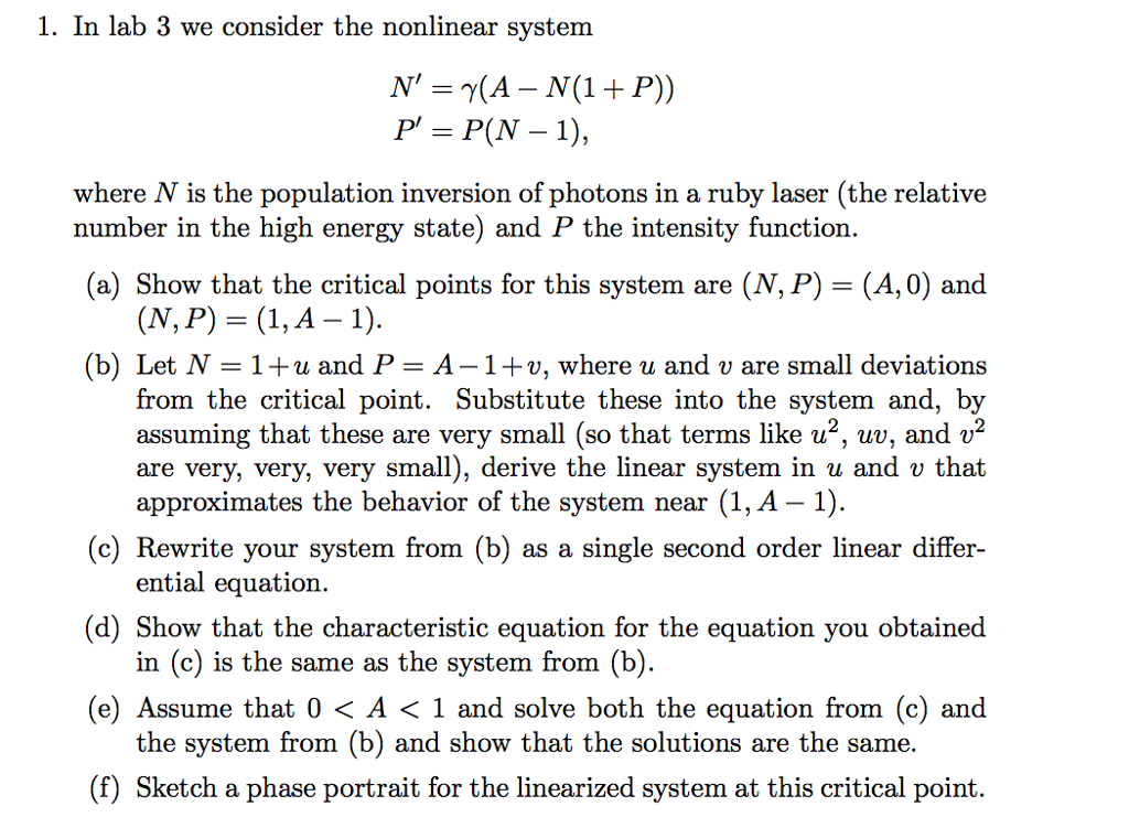 Solved In lab 3 we consider the nonlinear system N' = gamma | Chegg.com