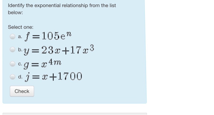 Solved Identify the exponential relationship from the list | Chegg.com