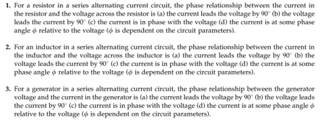 Solved For a resistor in a series alternating current | Chegg.com