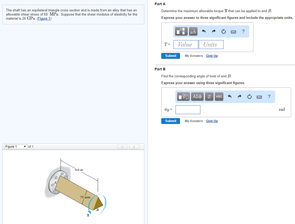 Solved The shaft has an equilateral triangle cross section | Chegg.com