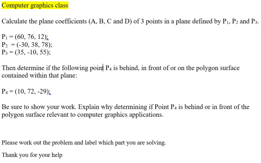 Solved Computer graphics class Calculate the plane | Chegg.com