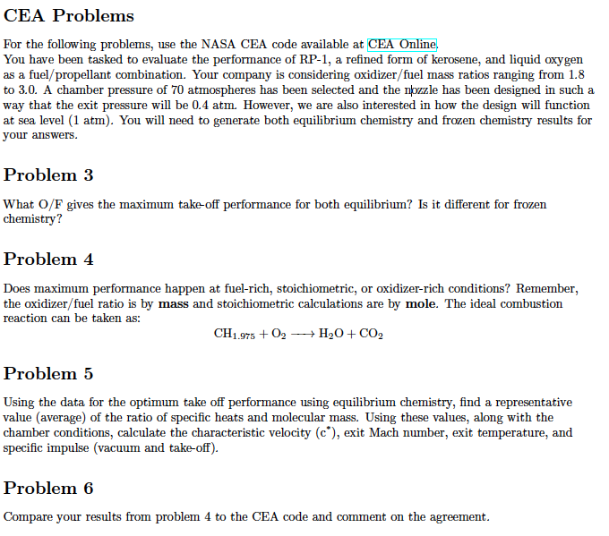 For the following problems, use the NASA CEA code | Chegg.com