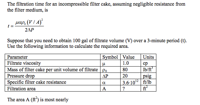 Solved The filtration time for an incompressible filter | Chegg.com