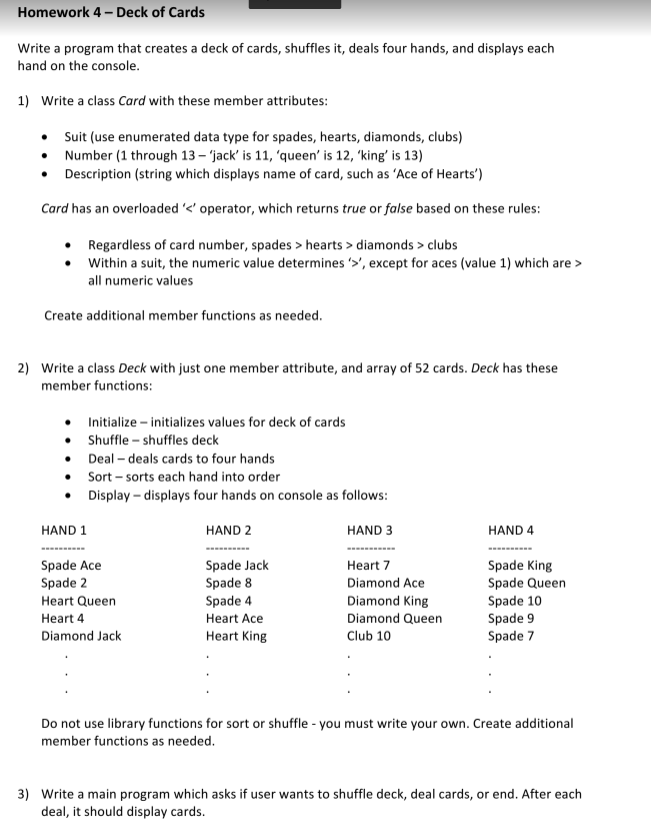 Solved Homework 4-Deck of Cards Write a program that creates | Chegg.com