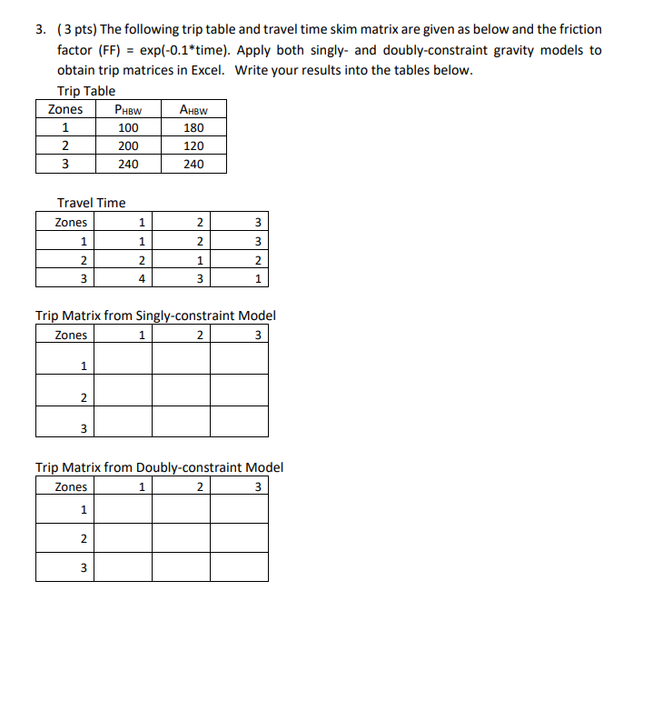 Solved (3 pts) The following trip table and travel time skim | Chegg.com