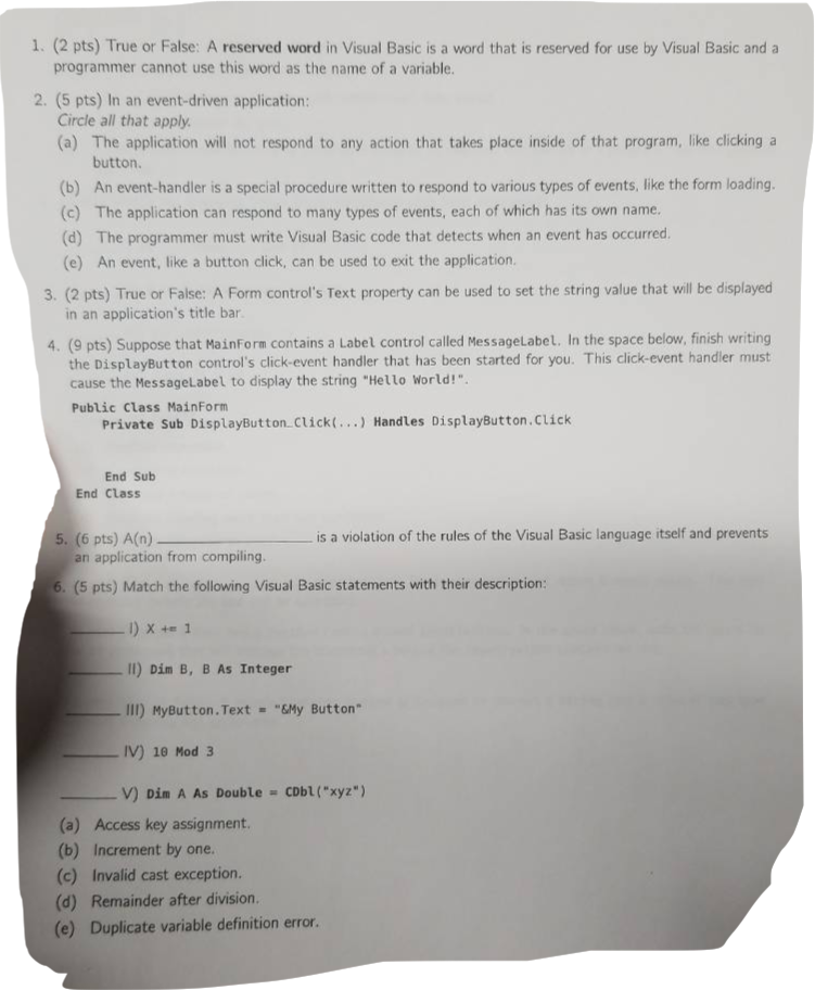 Solved 1. (2 pts) True or False: A reserved word in Visual | Chegg.com