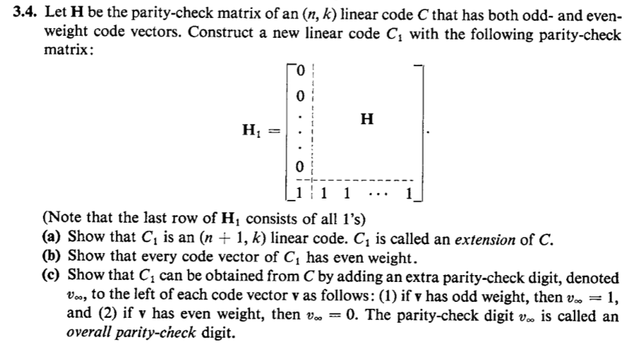 Solved Let H be the parity-check matrix of an (n, k) linear | Chegg.com