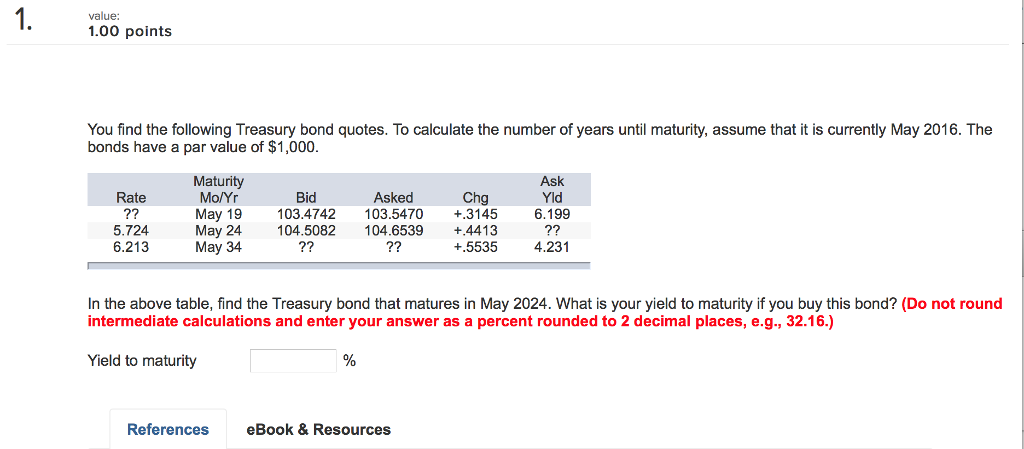 Solved value: 1.00 points You find the following Treasury | Chegg.com
