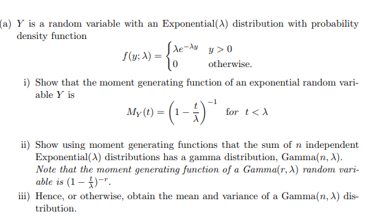 Solved (a) Y is a random variable with an Exponential(A) | Chegg.com