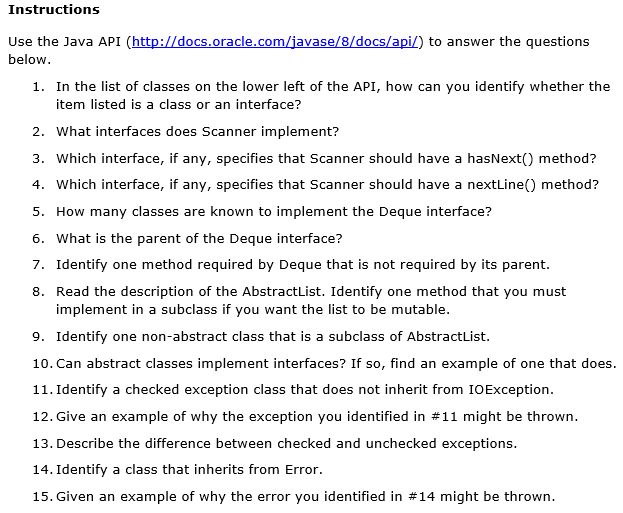 Solved Use the Java API | Chegg.com