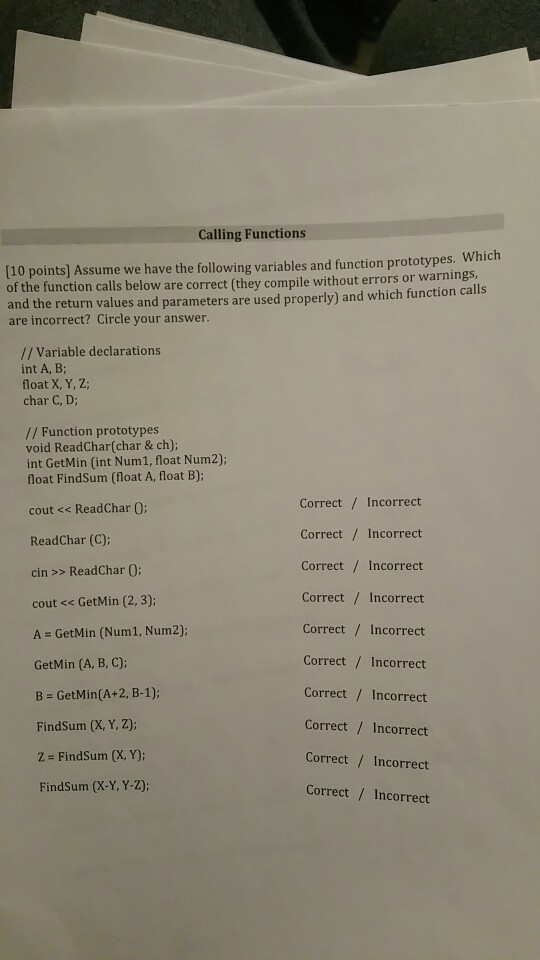 Solved Calling Functions [10 points] Assume we have the | Chegg.com
