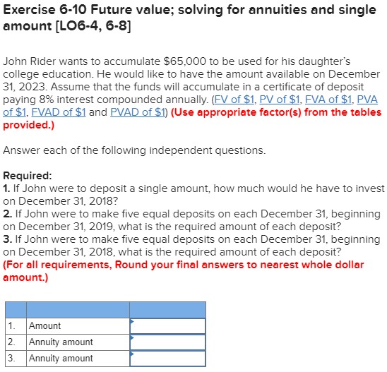 Solved Exercise 6-10 Future value; solving for annuities and | Chegg.com