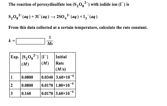 Solved The reaction of peroxydisulfate ion (S2O8^2-) with | Chegg.com