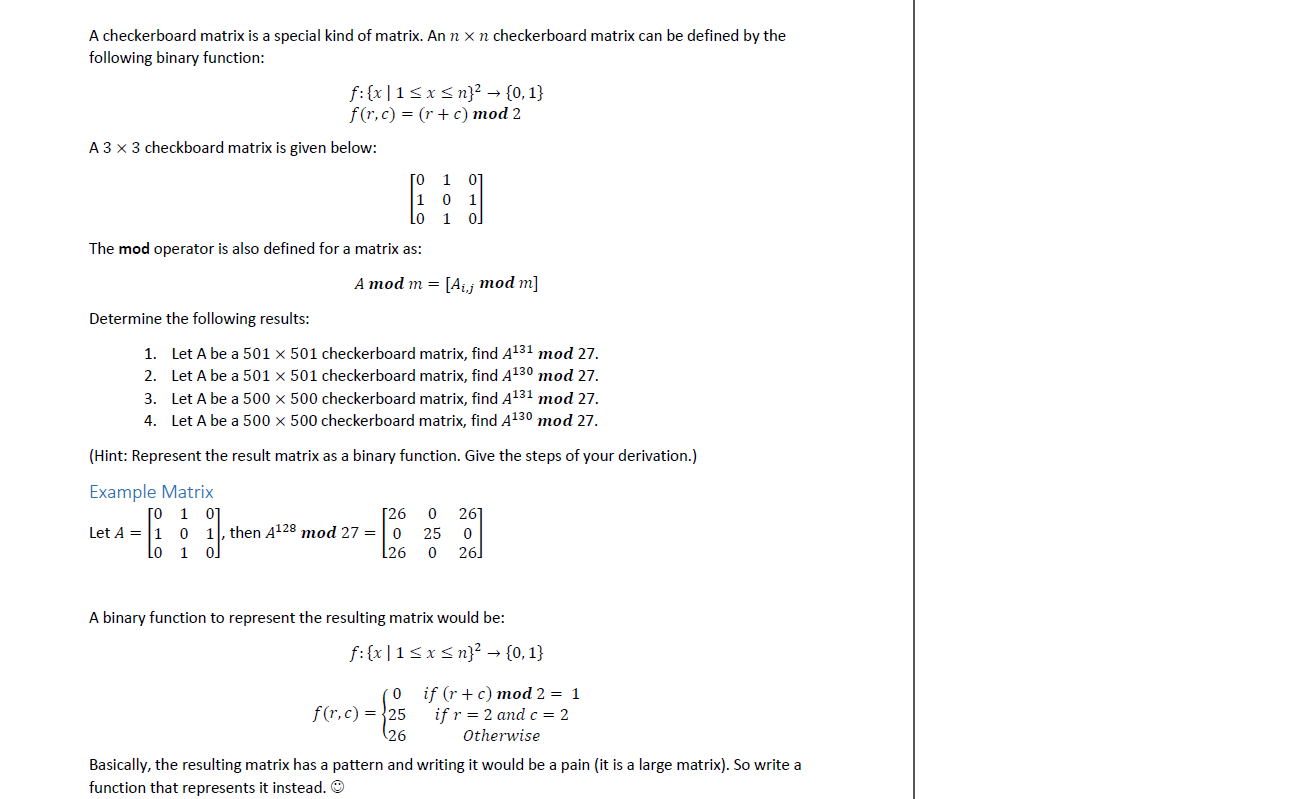 Solved A checkerboard matrix is a special kind of matrix. An | Chegg.com