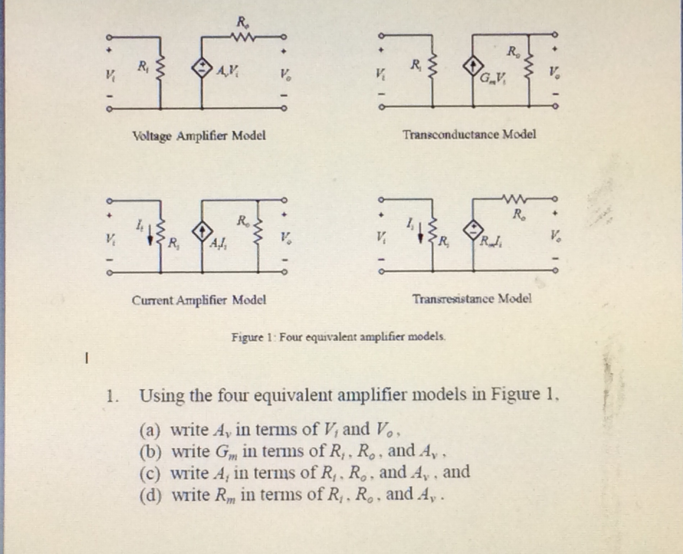 Solved Figure 1 : Four equivalent amplifier models 1. Using | Chegg.com