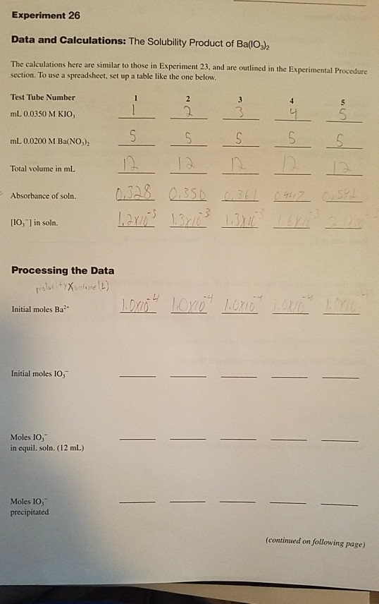Solved Experiment 26 Data and Calculations: The Solubility | Chegg.com
