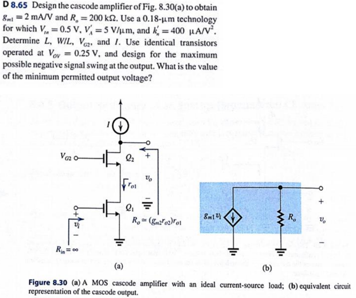 Solved Design the cascode amplifier of Fig. 8.30(a) to | Chegg.com