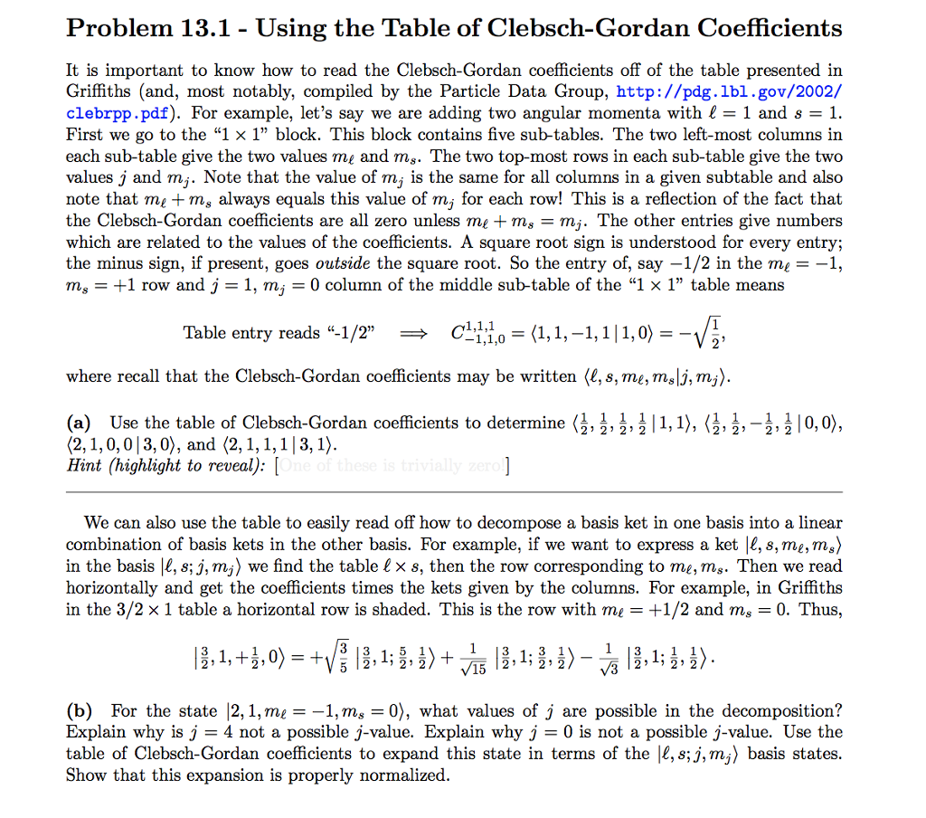 Solved Problem 13.1 - Using the Table of Clebsch-Gordan | Chegg.com