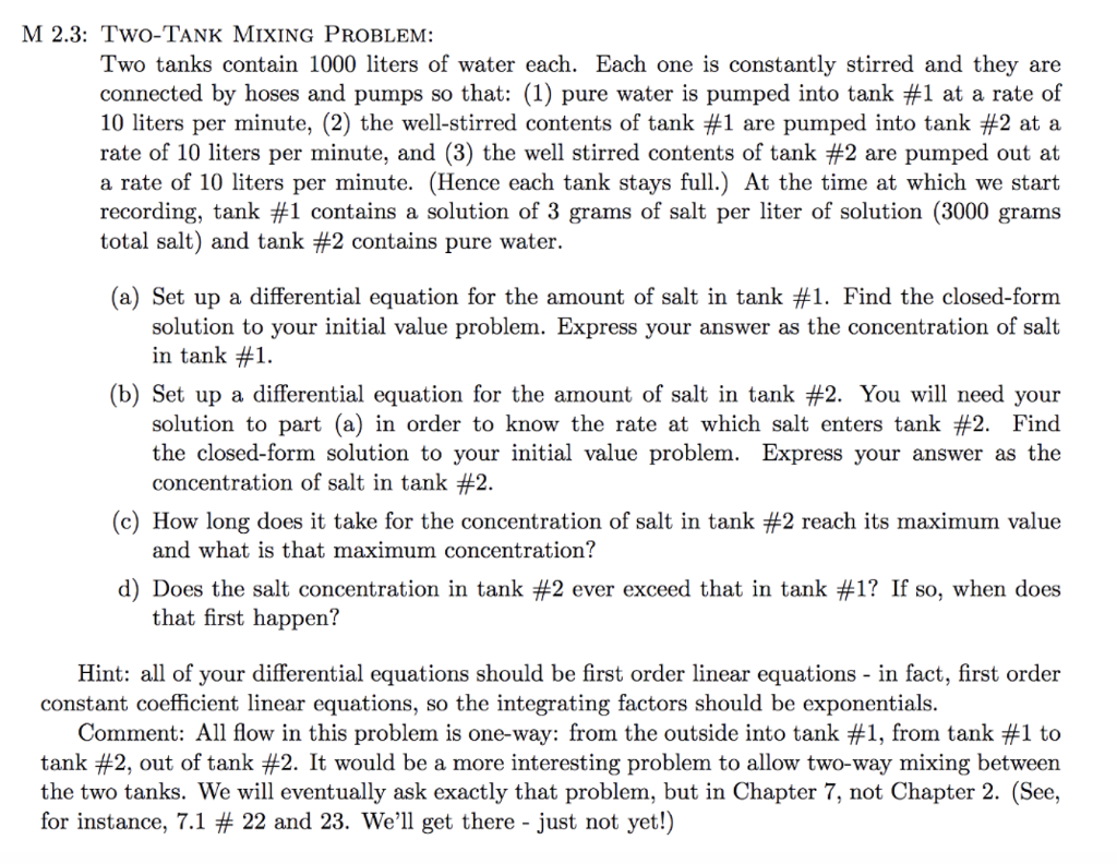 Solved M 2.3: Two-TANK MIXING PROBLEM: Two tanks contain | Chegg.com