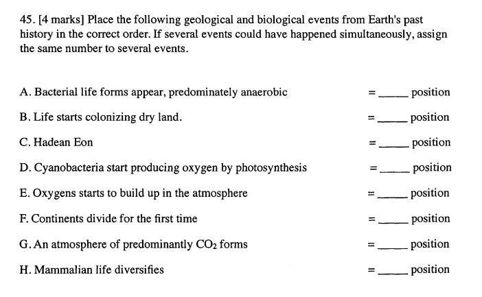 Solved Place the following geological and biological events | Chegg.com