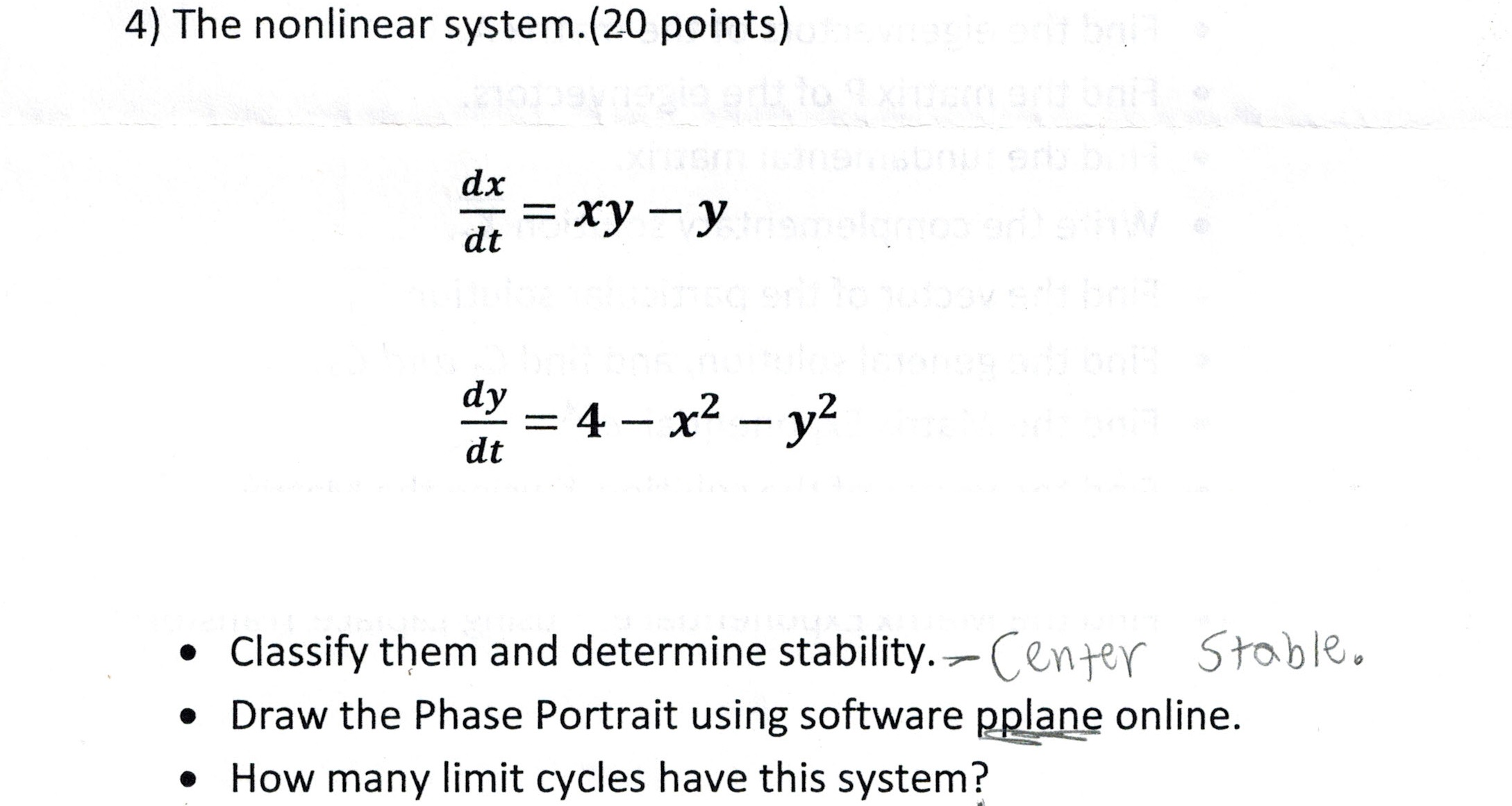 Solved The nonlinear system. dx/dt = xy - y dy/dt = 4 - | Chegg.com
