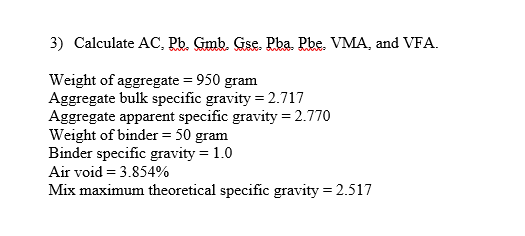 Solved Calculate AC, Pb, Gmb, Gse, Pba, Pbe, VMA, and VFA. | Chegg.com