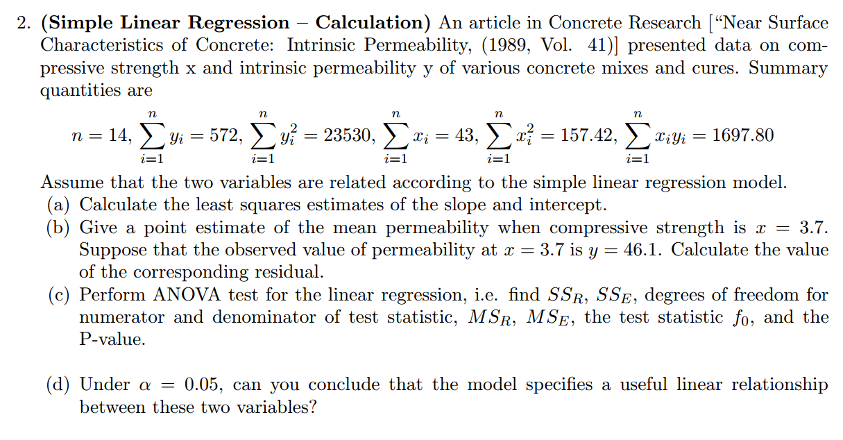 2. (Simple Linear Regression – Calculation) An | Chegg.com