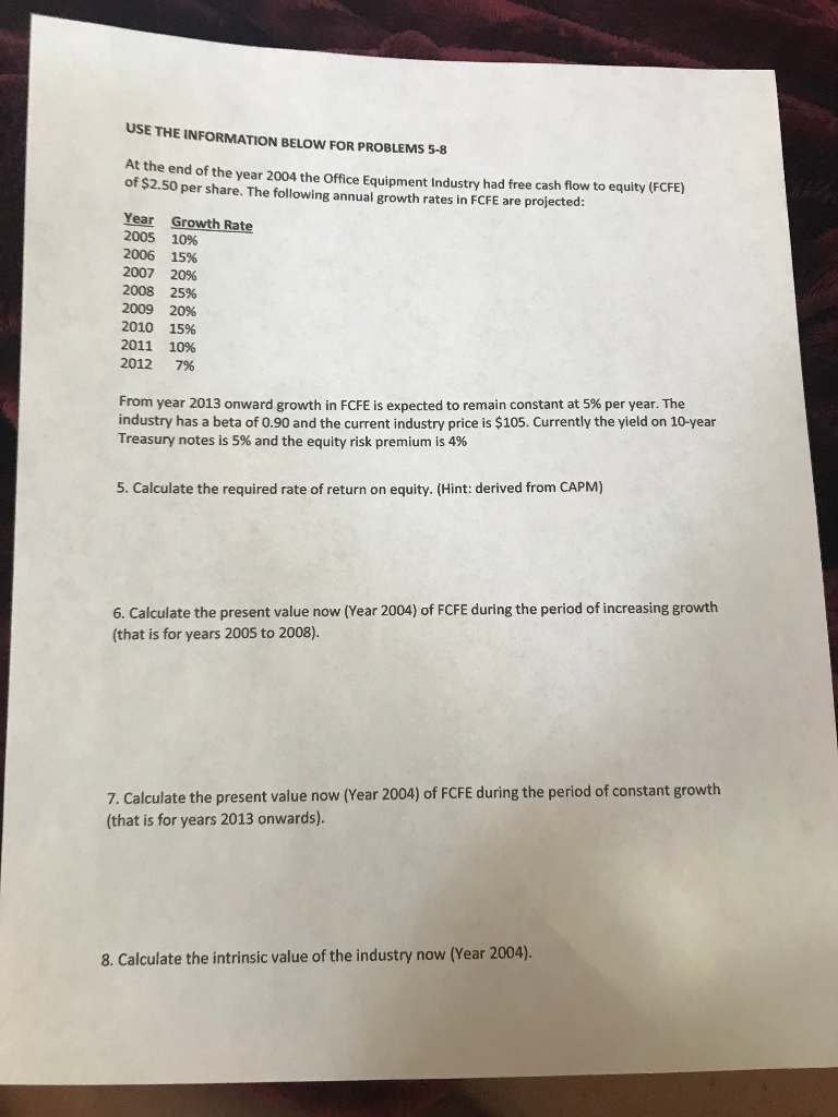 Solved USE THE INFORMATION BELOW FOR PROBLEMS 5-8 At the end | Chegg.com