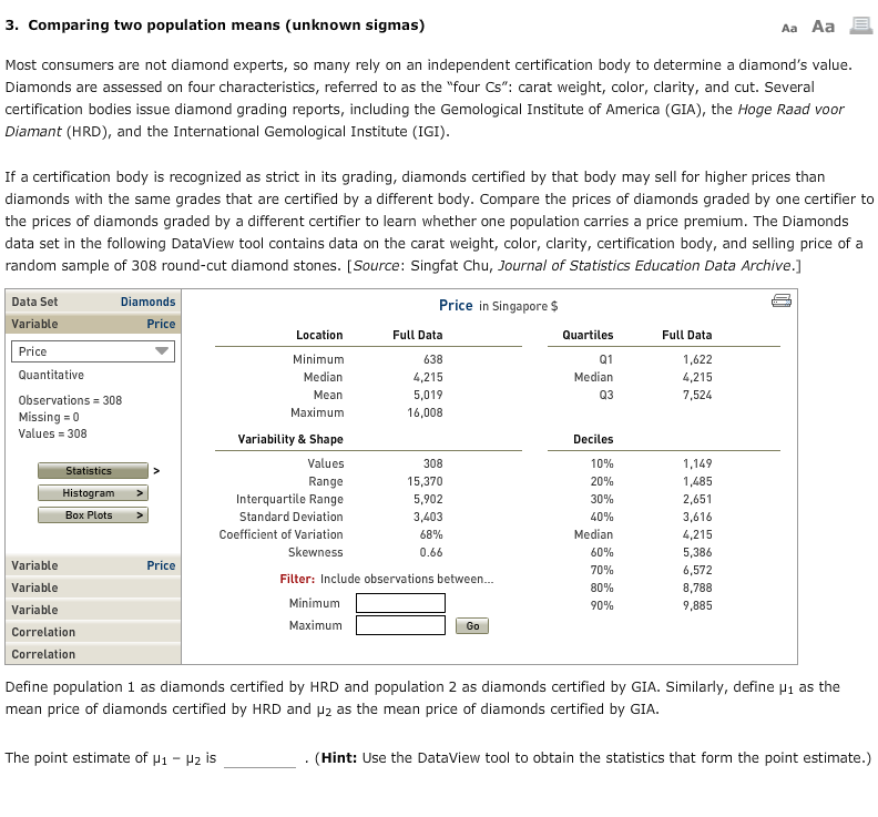 Comparing two population means (unknown sigmas) 3. Aa | Chegg.com